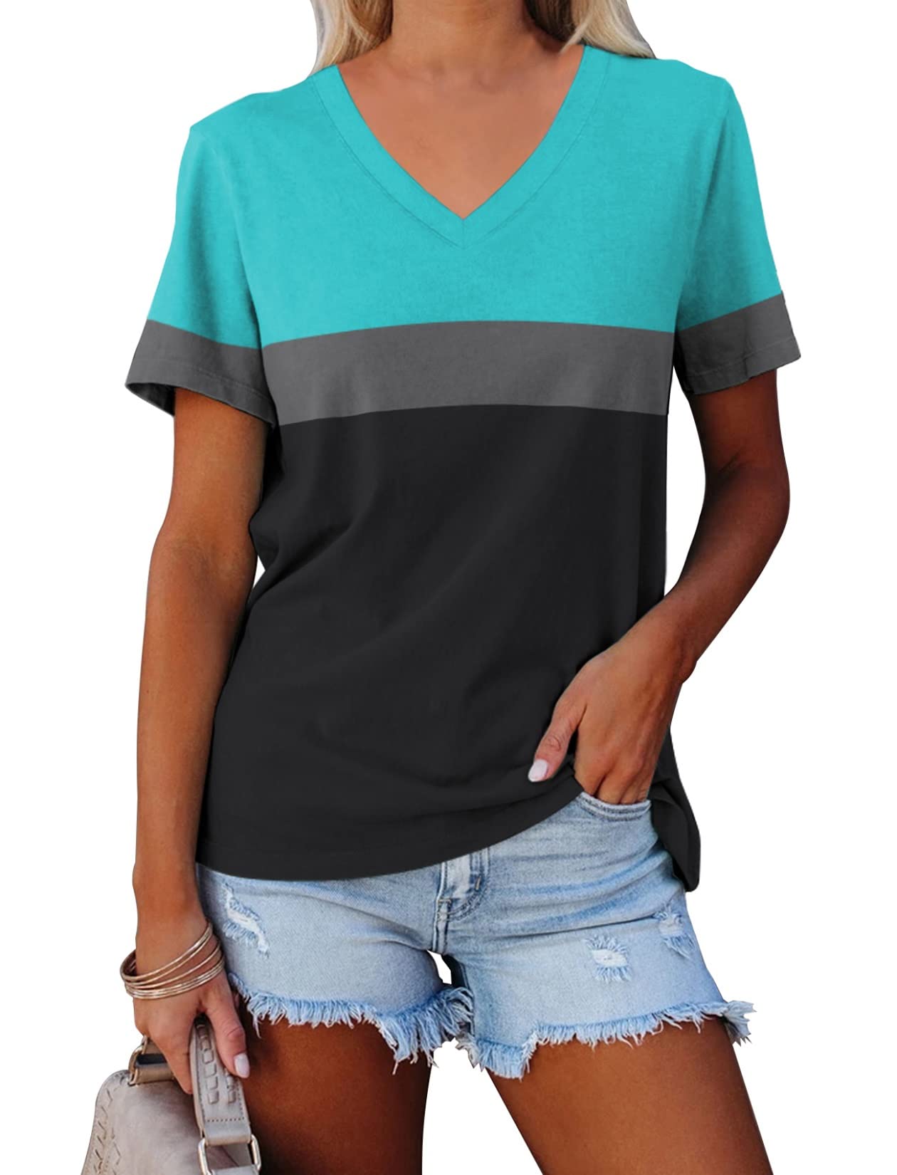 ORANDESIGNE Women's Color Block Short Sleeve T Shirts Casual V Neck ...