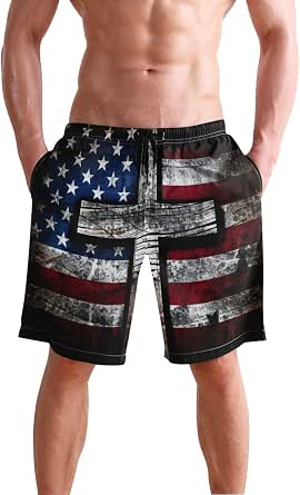 Amazon.com: XYMZR Men's Swim Trunks Black Cross American Flag Quick-Dry ...