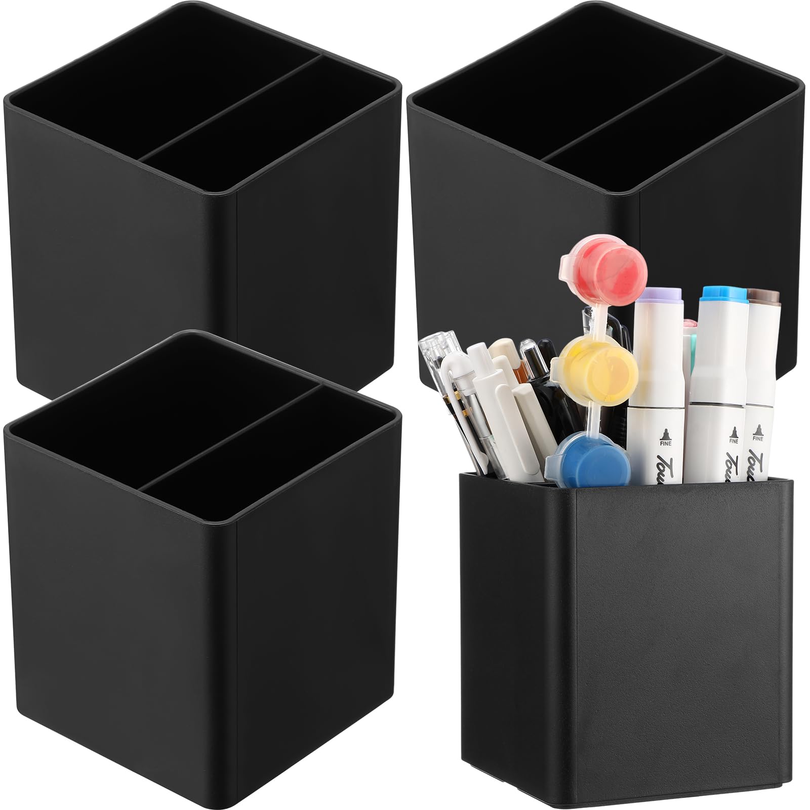 Seajan 4 Pcs Black Pen Holder with 2 Compartments Plastic Pencil Holder ...