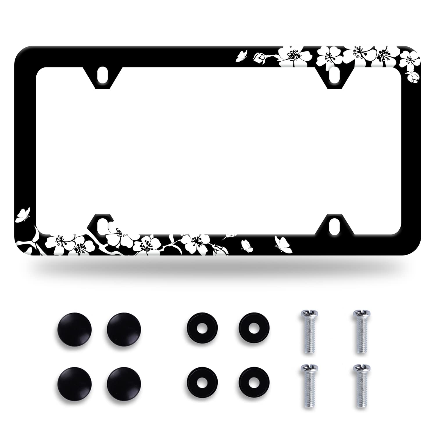 Amazon.com: Black White Cherry Blossoms License Plate Frame Floral ...