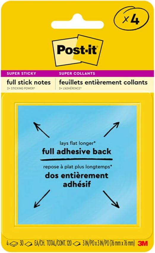 Amazon.com : Post-it Super Sticky Full Stick Notes, 3 in x 3 in, 4 Pads ...
