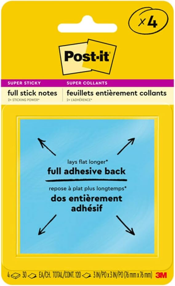 Amazon.com : Post-it Super Sticky Full Stick Notes, 3 in x 3 in, 4 Pads ...