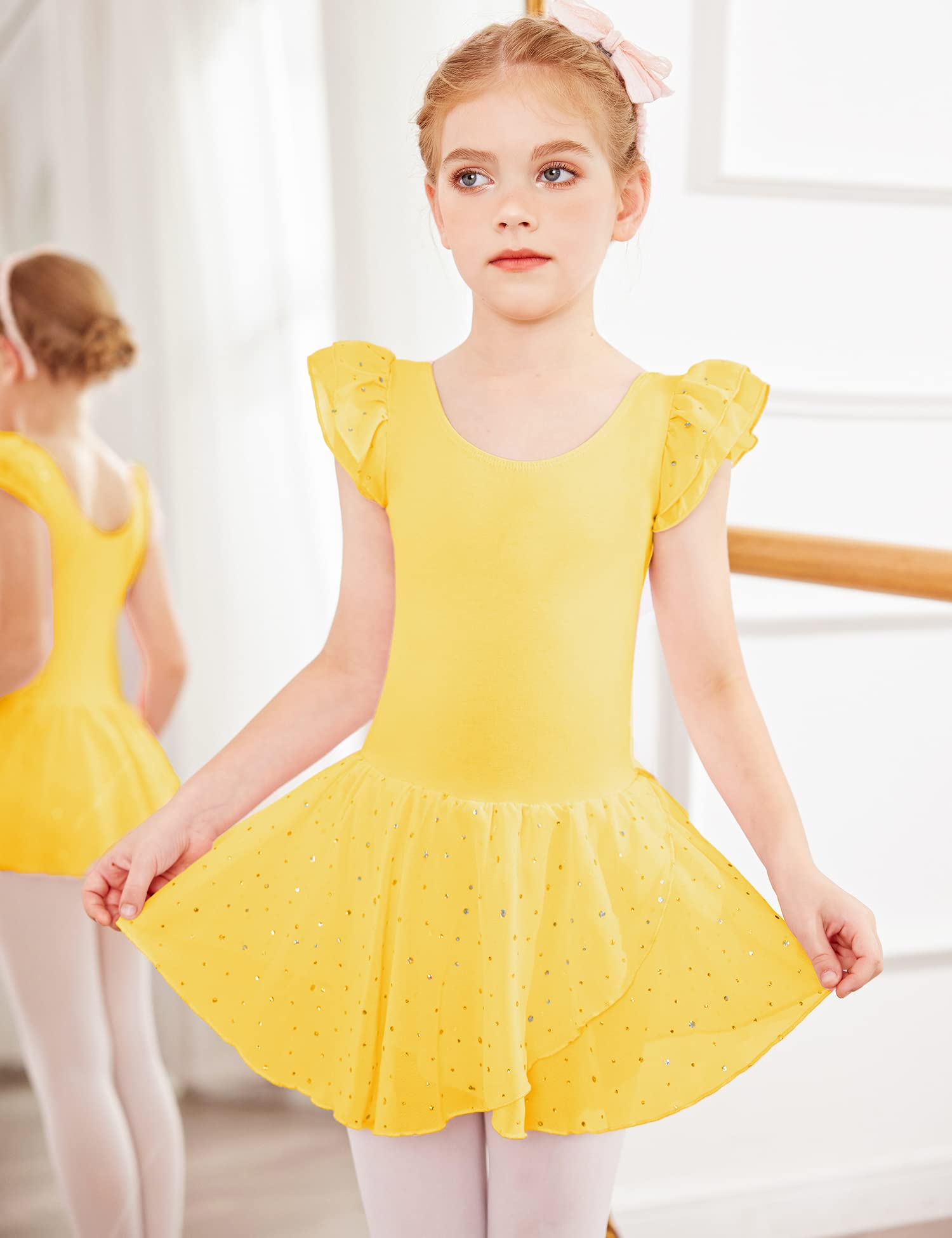 Snapklik.com : Girls Ruffle Sleeve Ballet Dance Dress Tutu Skirted Leotard