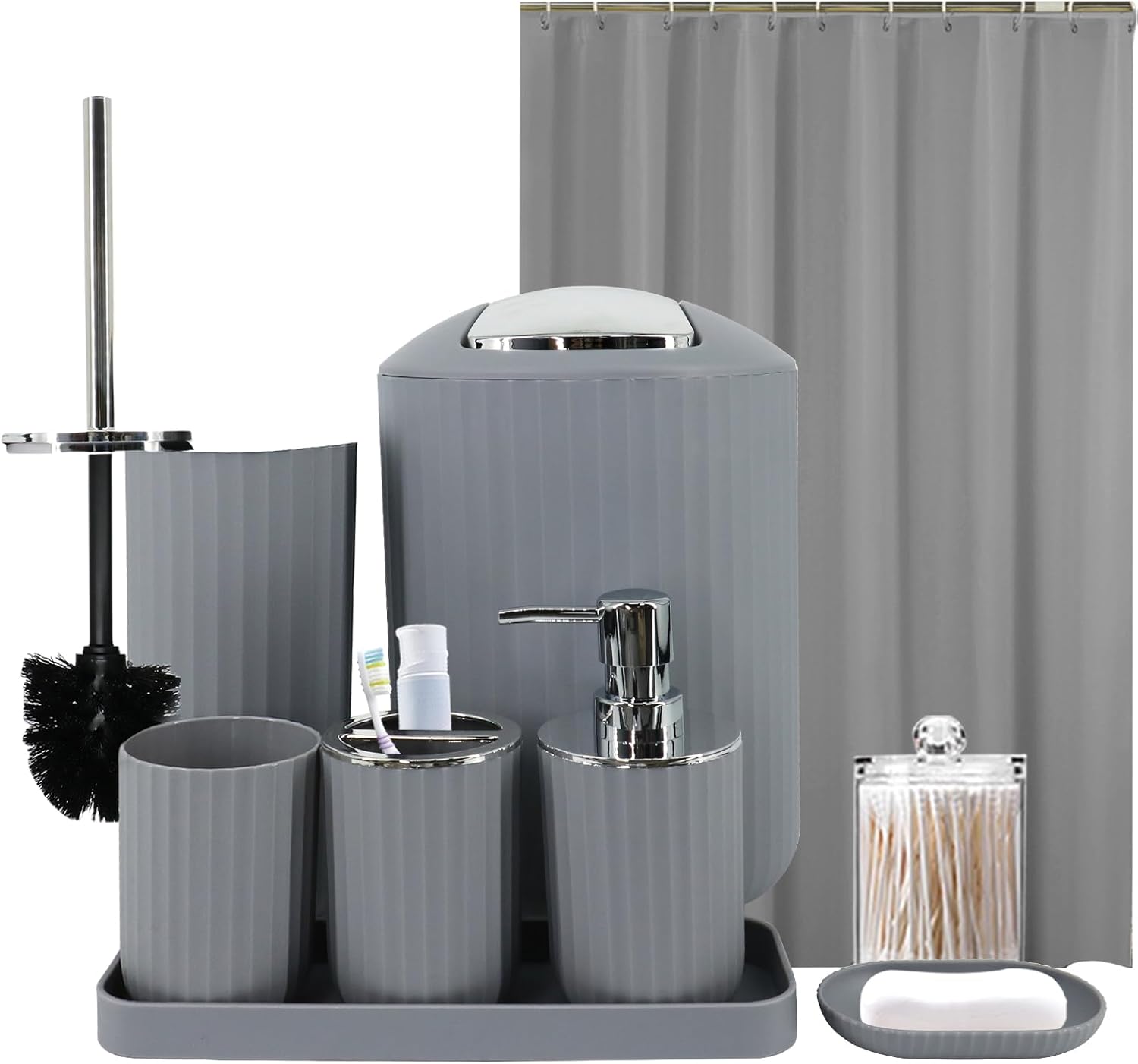 Amazon.com: Grey Bathroom Accessories Set with Shower Curtain, Trash ...