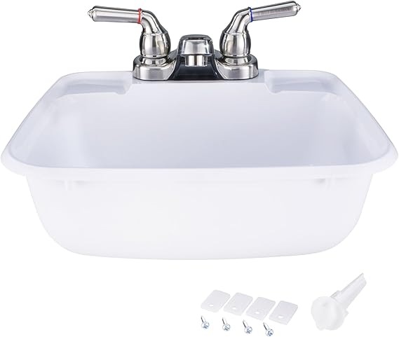 RecPro RV Rectangle Bathroom Sink (White) w/Brushed Nickel Teapot ...