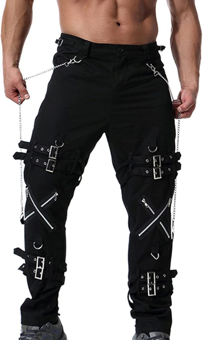 Men's Rock Pants Zipper Decoration Hip Hop Pocket Casual Pants : Amazon ...