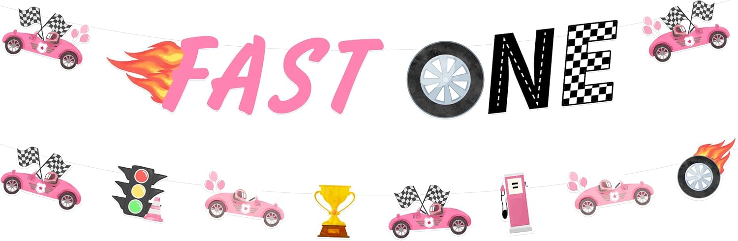 Amazon.com: Sursurprise Fast One Banner, Racing Car Banner Pink, Fast ...