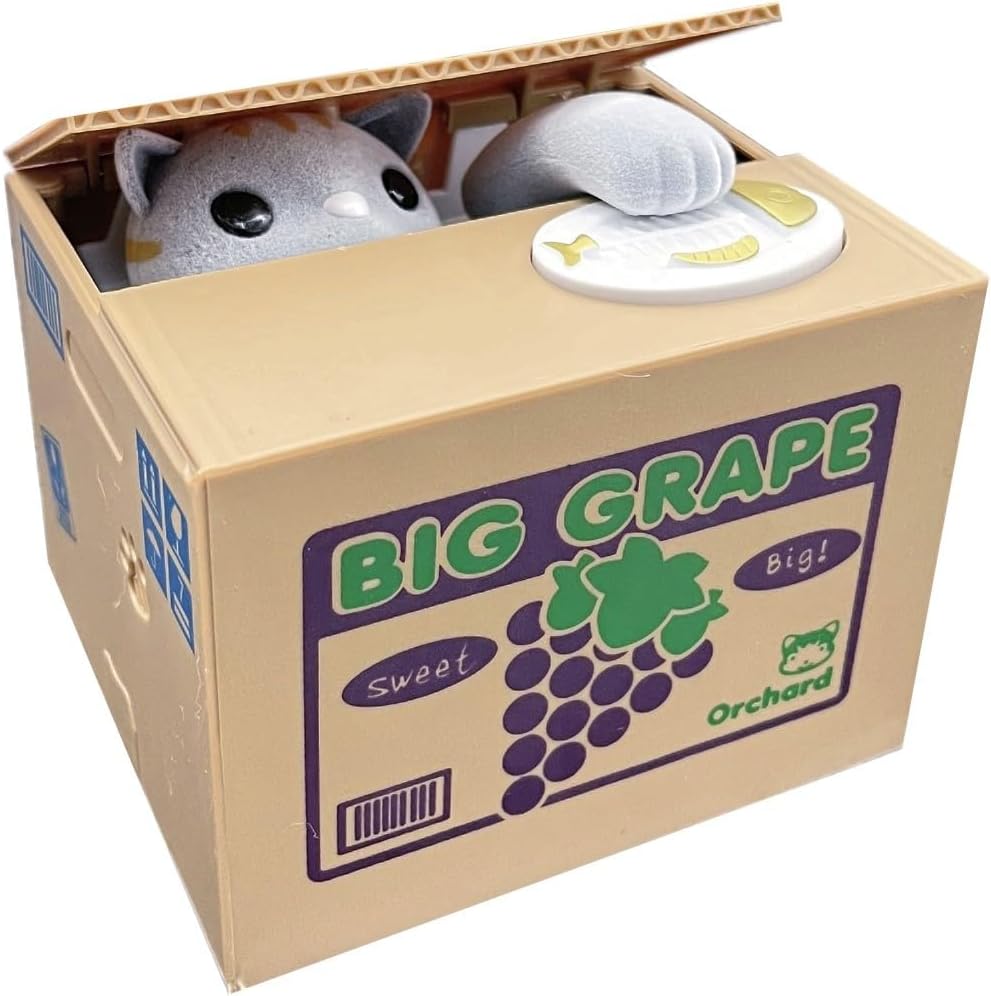 JZK Funny Cute Grey Cat Stealing Coin Money Box Little Cat Panda Piggy ...