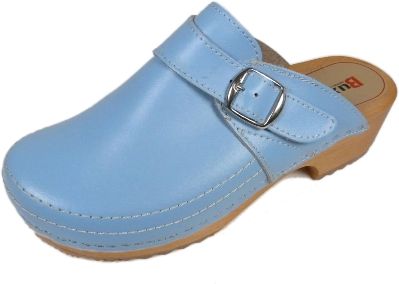 Ladies Leather/Wooden Clogs with Double Stitching and Buckle in Light ...