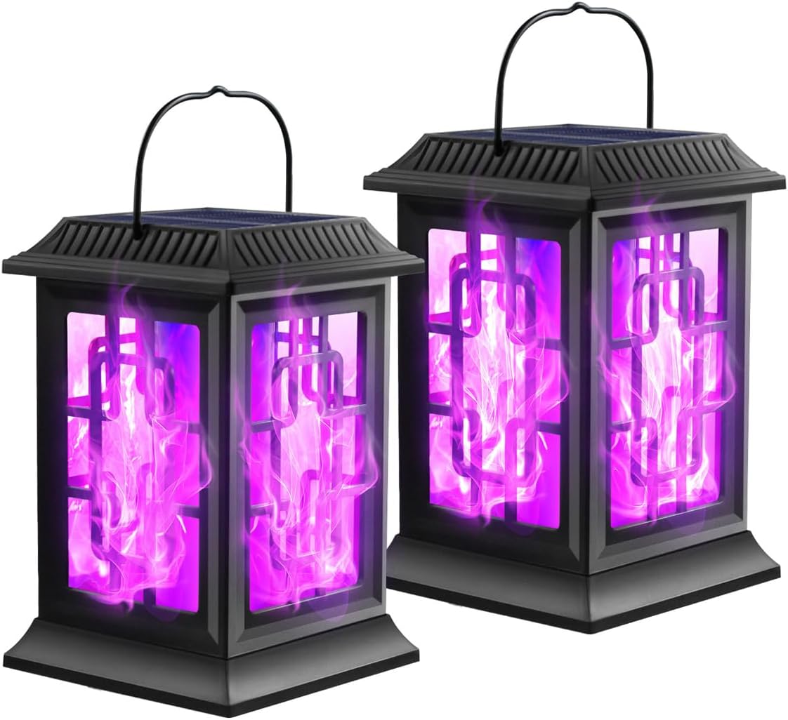 Amazon.com: 2 Pack Solar Flickering Flame Lanterns, Waterproof Hanging ...