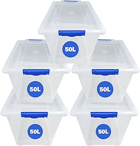 RelianceUK 5 X 50L Plastic Storage Boxes with Clip Lock Lid - Heavy ...