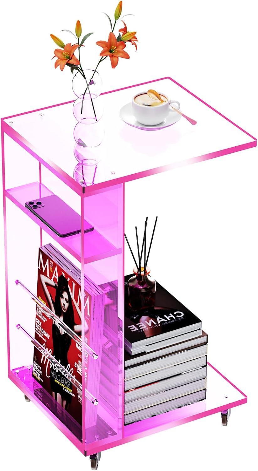 Clear Acrylic Side Table on Lockable Wheels, C Shaped End Table for ...