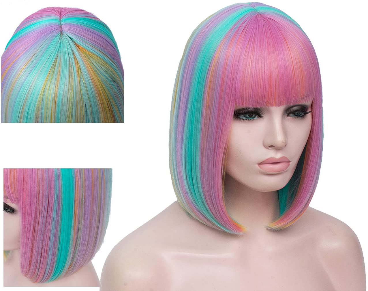 Amazon.com: BERON 12 Inches Rainbow Wig Short Straight Wig Rainbow Wig ...