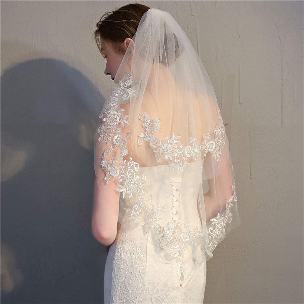 Amazon.com: Unsutuo Bride Wedding Veil White Short Lace Bridal Veils ...