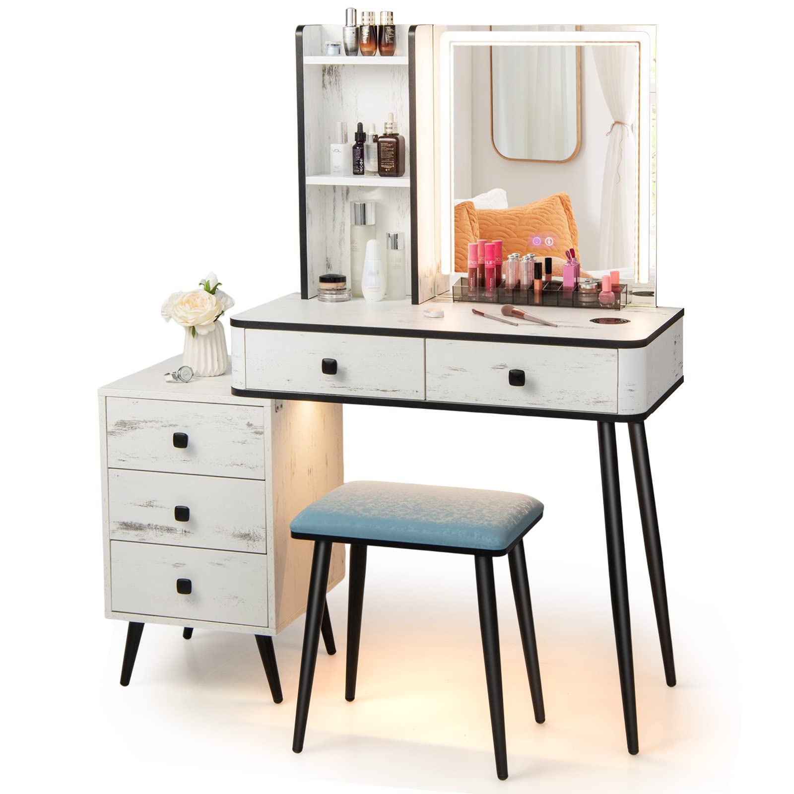 COSTWAY Dressing Table and Stool Set with 3-Color LED Lights Mirror ...