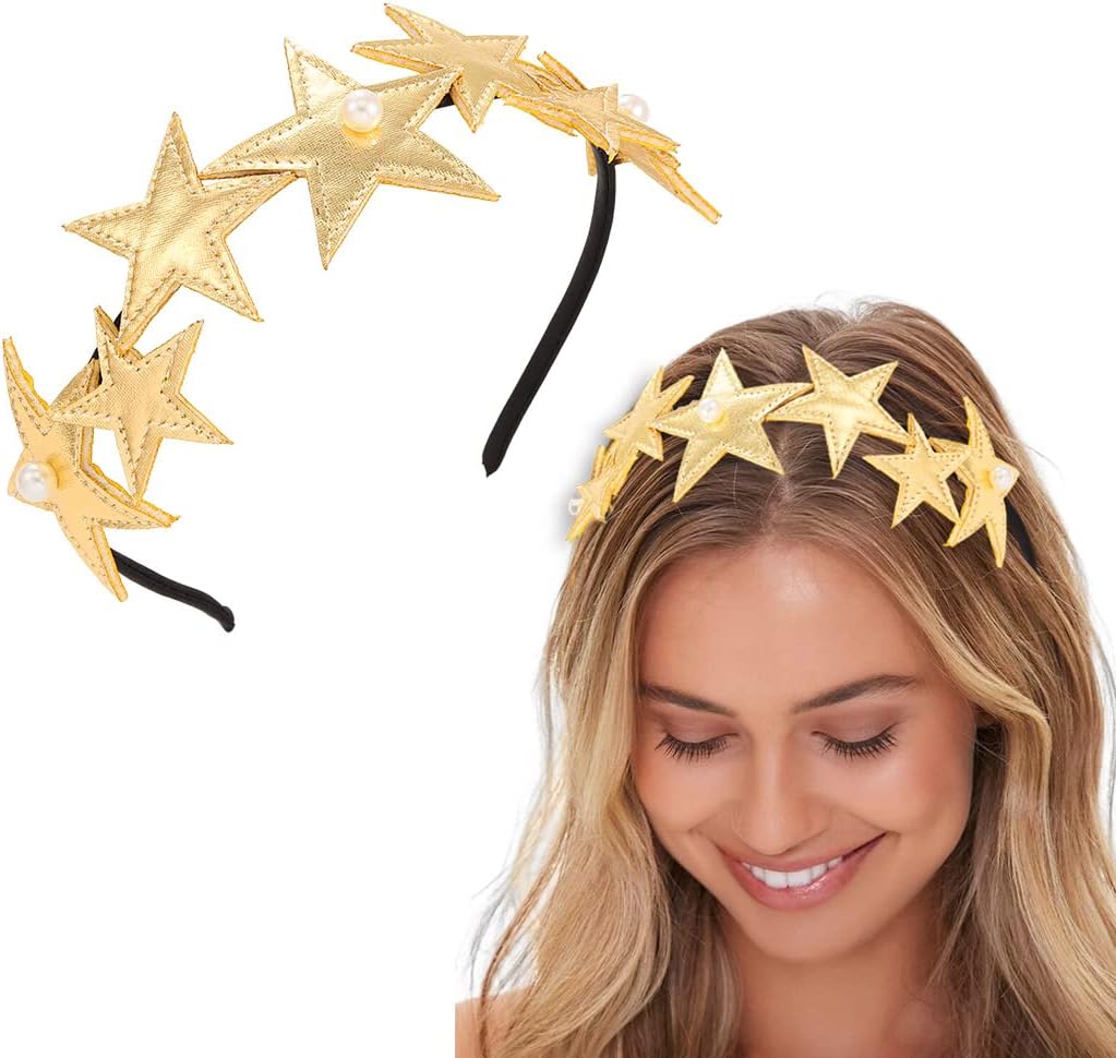 Amazon.com : JEAIRTS Star Headband Gold Five-pointed Pearl Hairband ...