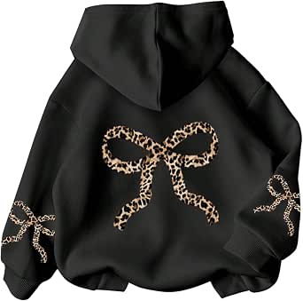 Amazon.com: OYOANGLE Girl's Bow Leopard Print Oversized Hoodie Long ...
