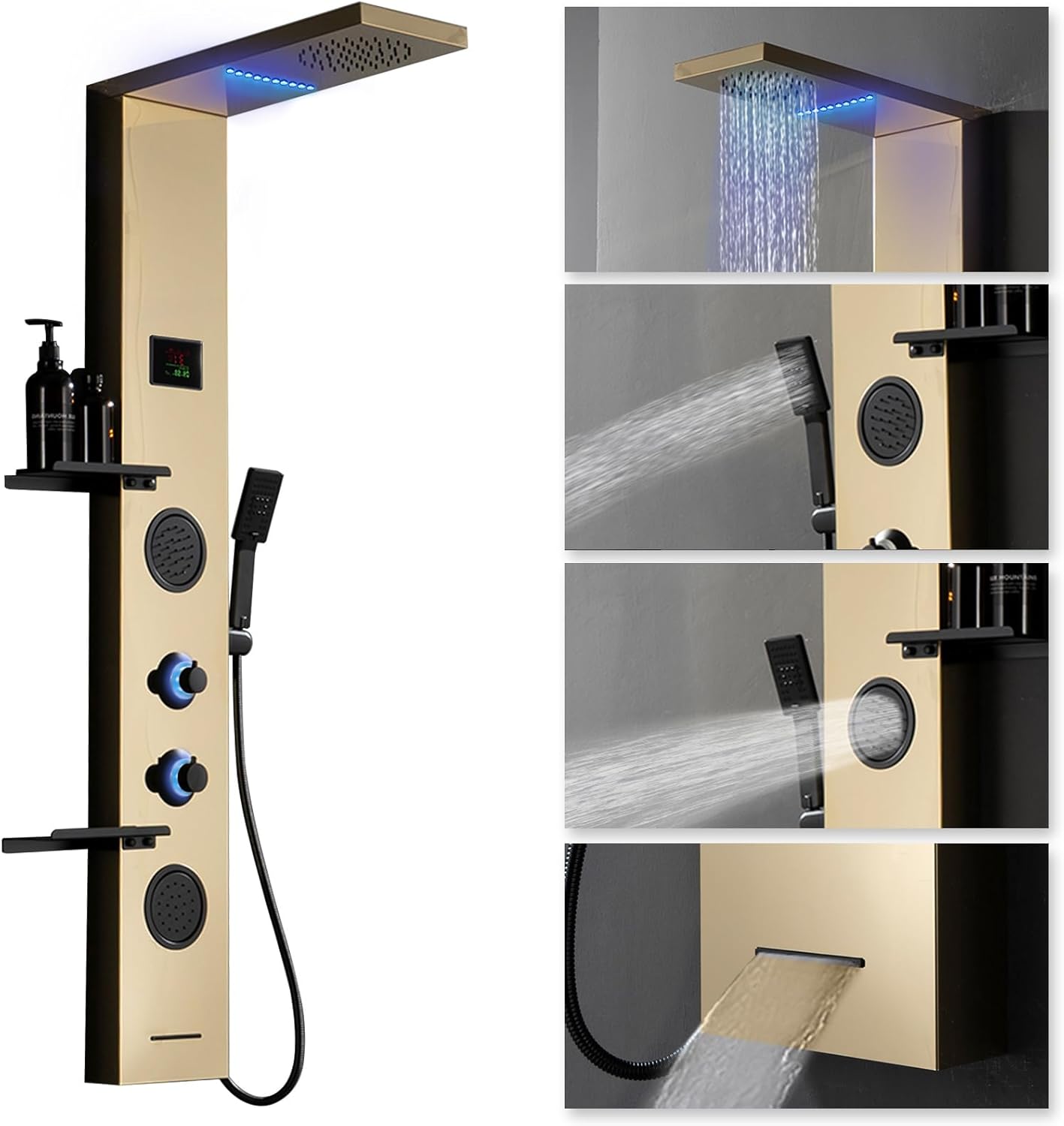 BATHLAVISH LED Gold Shower Tower 304 Stainless Steel Shower Panels With ...