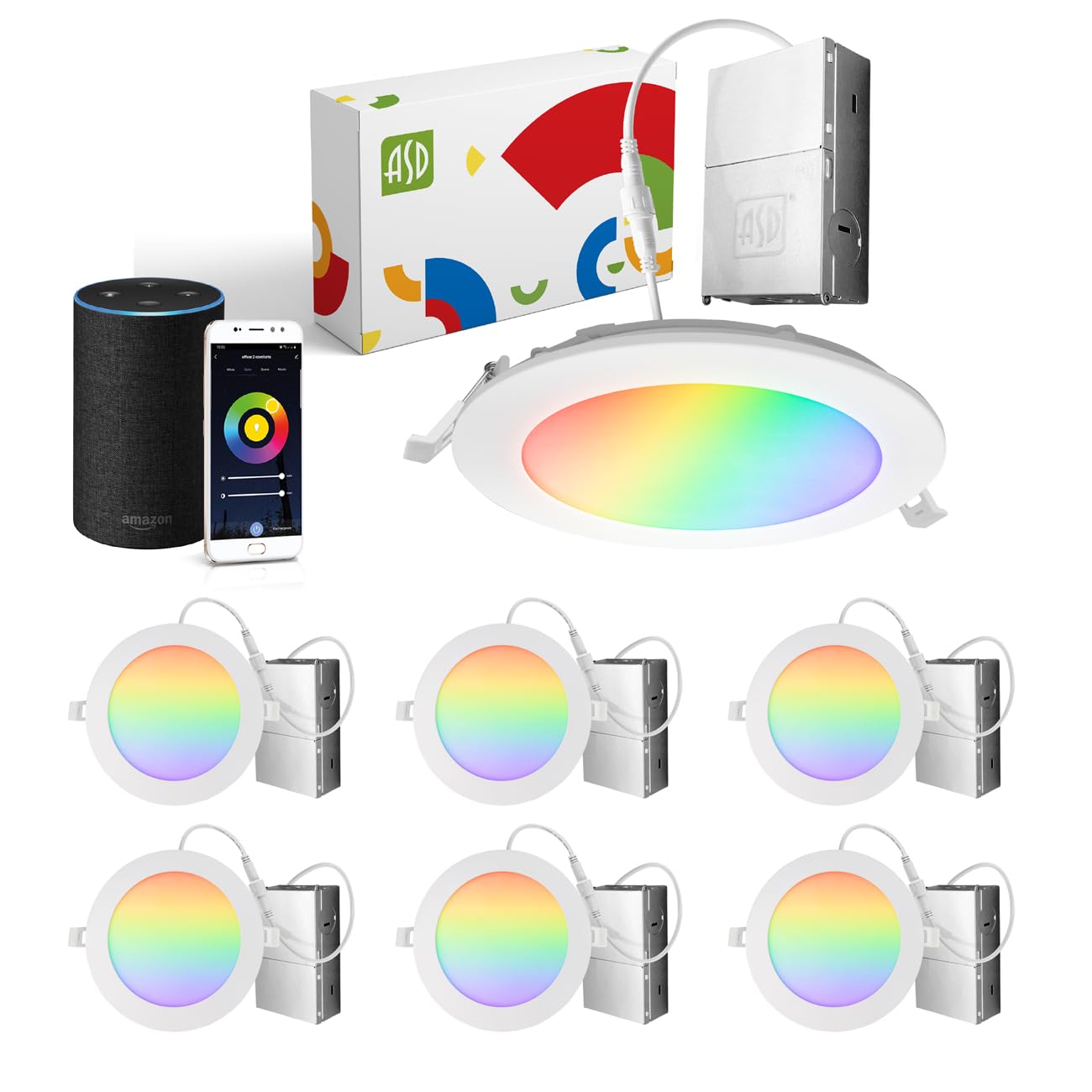 ASD LED Smart Recessed Lighting 6 Inch 15W, RGBW Color Changing Lights ...