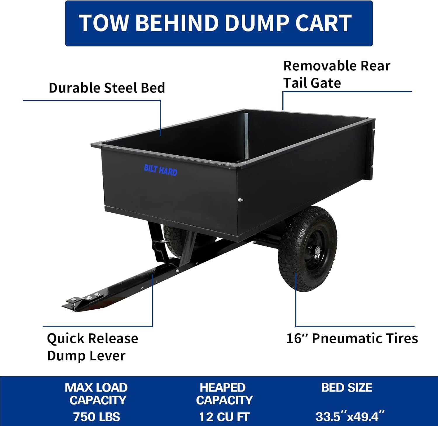 Buy BILT HARD 12 Cu.Ft Steel Dump Cart, 750 Lb. Capacity Lawn Mower ...