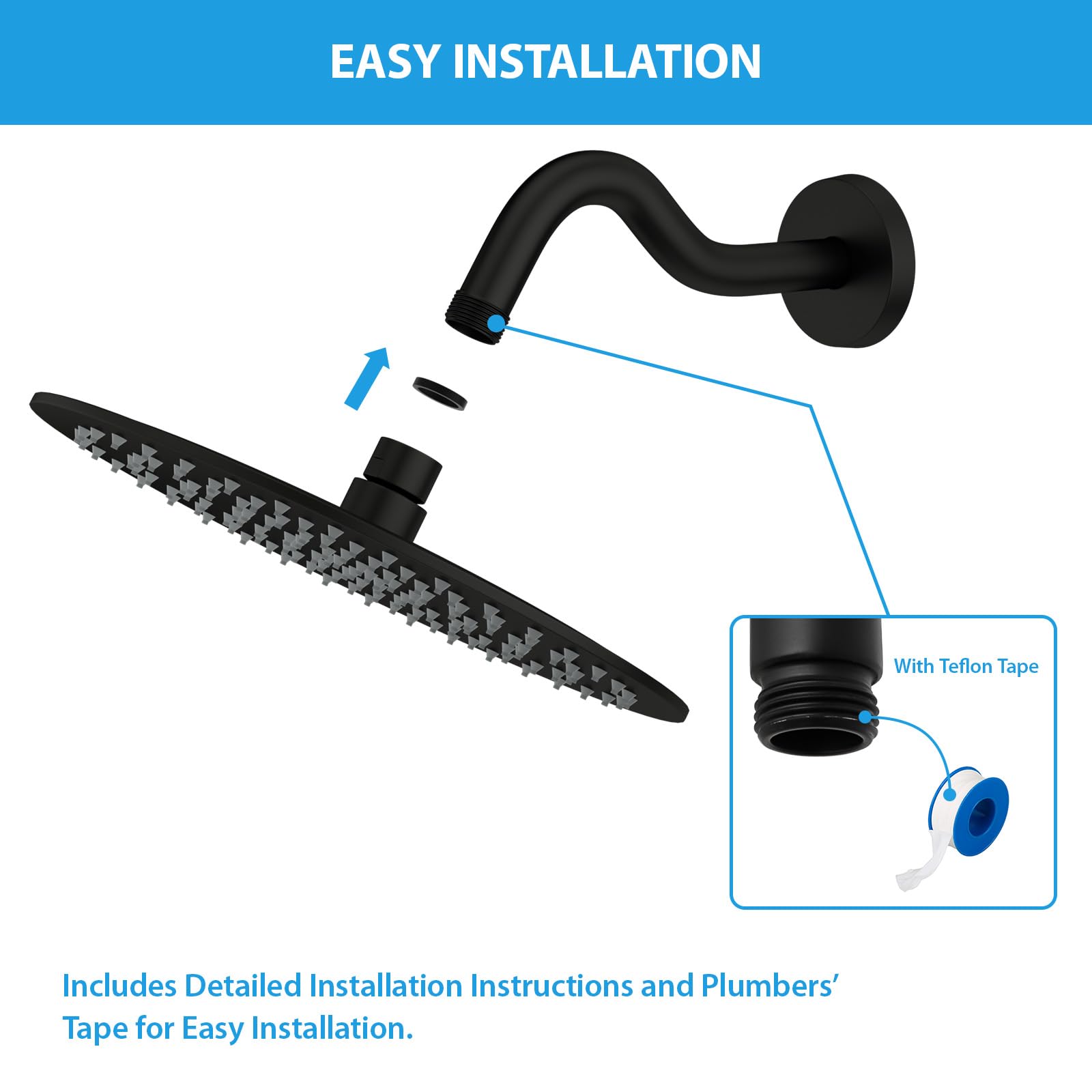 Snapklik.com : Lordear Shower Arm 8 Inch Black Curved Shower Head ...