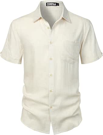 Amazon.com: ZEROYAA Men's Linen Shirts Short Sleeve Summer Casual ...