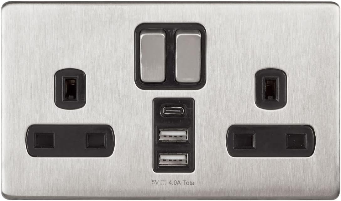 UKEA Deta 13A 2G DP Switched Socket with 3 USB Ports - Stainless Steel ...