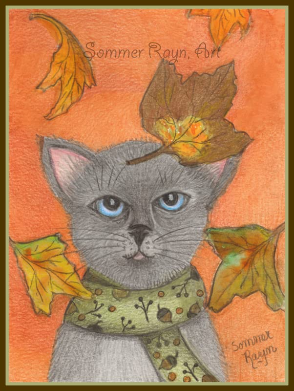 Sweet Autumn Cat with colorful Fall Leaves, Pack of 5 note cards with ...