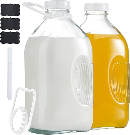 Amazon.com: FyndraX Glass Milk Jugs Bottles - Half Gallon / 2Qt Container Pitcher with Airtight ...