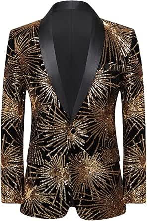 Men Gold Fireworks Sequin Glitter Suit Jacket One Button Shawl Collar ...