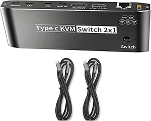 USB C KVM Switch, 2 in 1 Out 8K Type C KVM Selector Box with 100W Power Delivery for 2 Computers ...