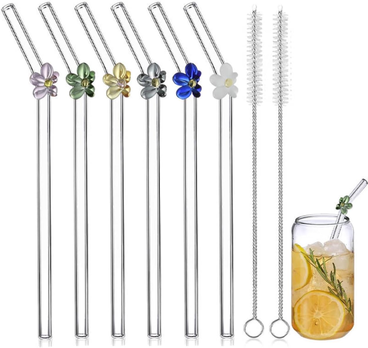 Amazon.com: 6 Pcs Reusable Glass Straws with Colorful Flowers Bent ...