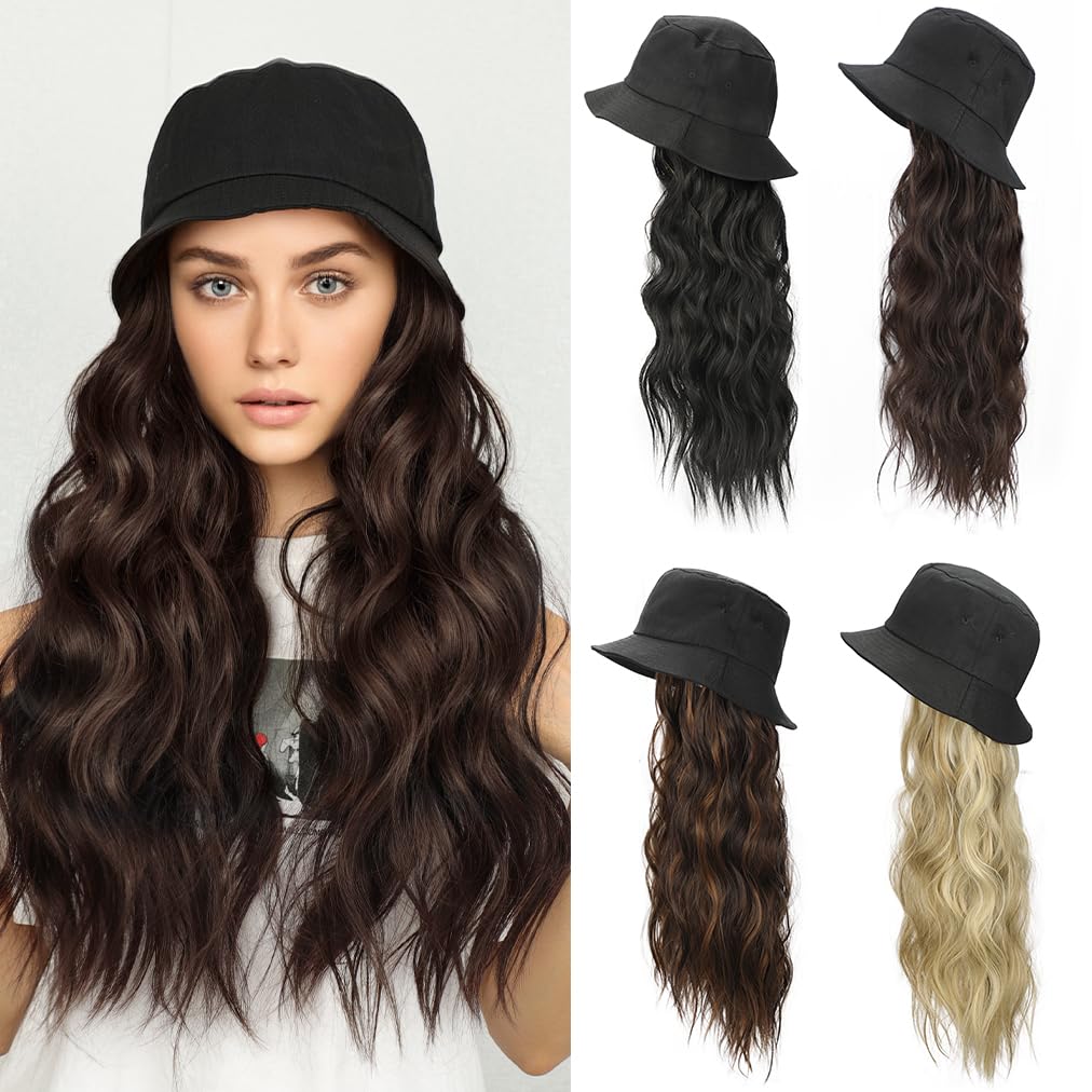 Amazon.com : DeeThens Hat Wig for Women Synthetic Long Wave Bucket Hat ...