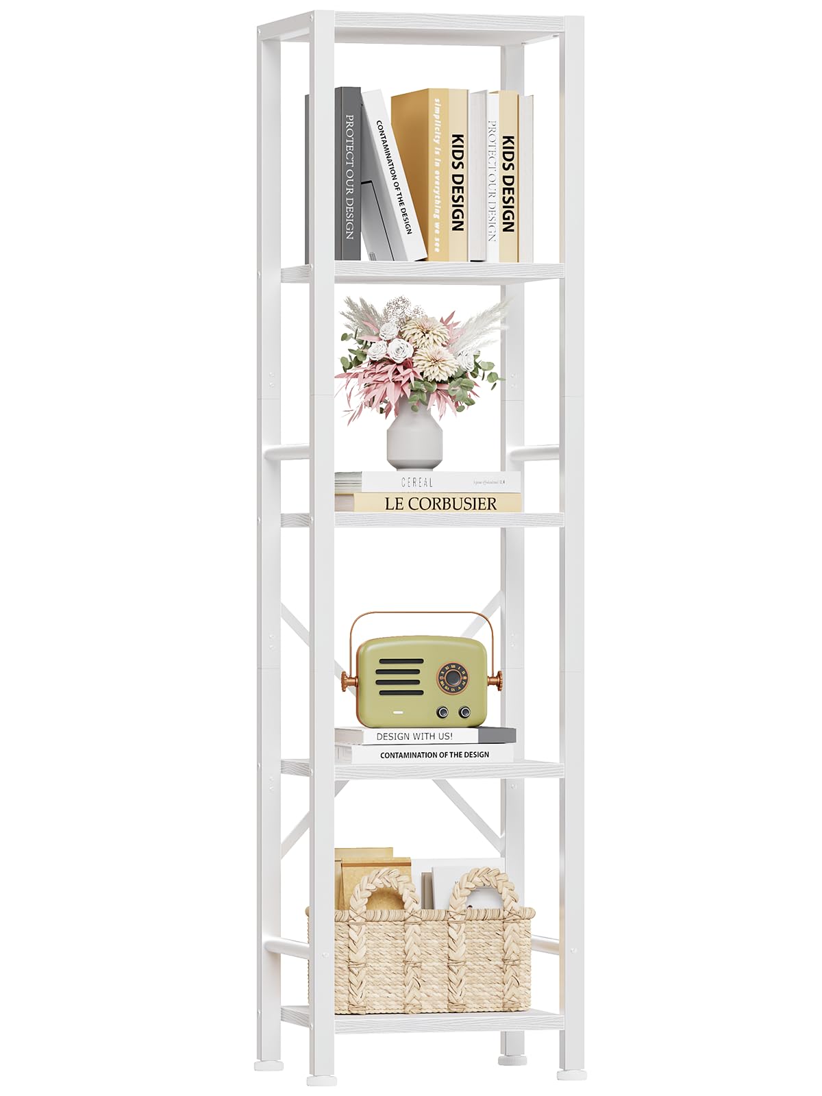 Amazon.com: Furologee 5 Tier White Bookshelf, Tall Narrow Bookcase for ...