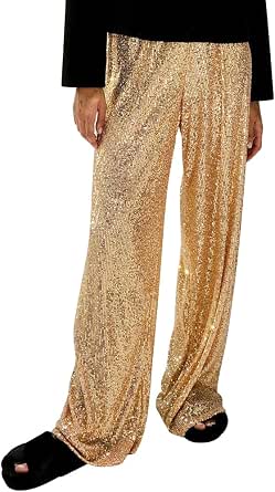 OBEEII Glitterbroek voor dames, paillettenbroek, wijde pijpen ...