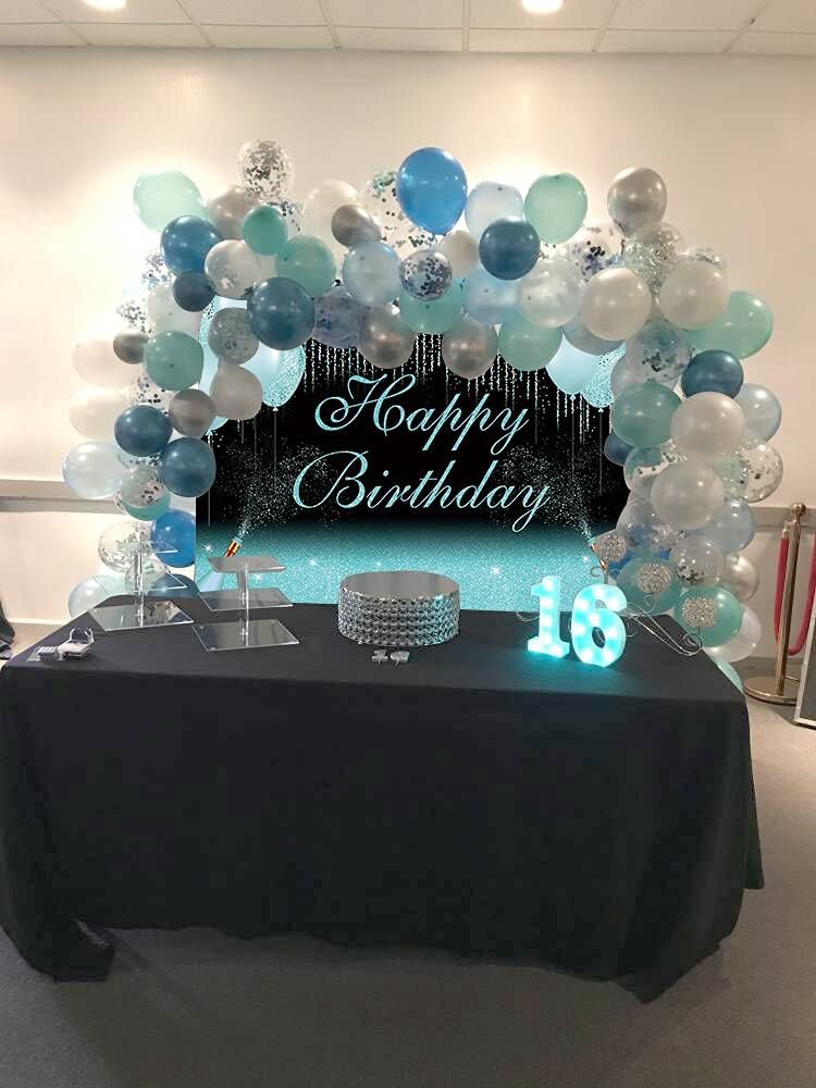 Blue Birthday Backdrop Turquoise Glitter Balloon Champagne Happy ...