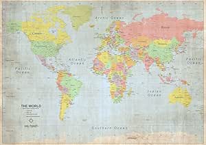 World Map Atlas,Geography,Political Retro Looks Poster Print in A0-A1 ...