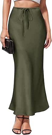 Amazon.com: Women's Maxi Skirts Satin Drawstring High Waisted Silk ...