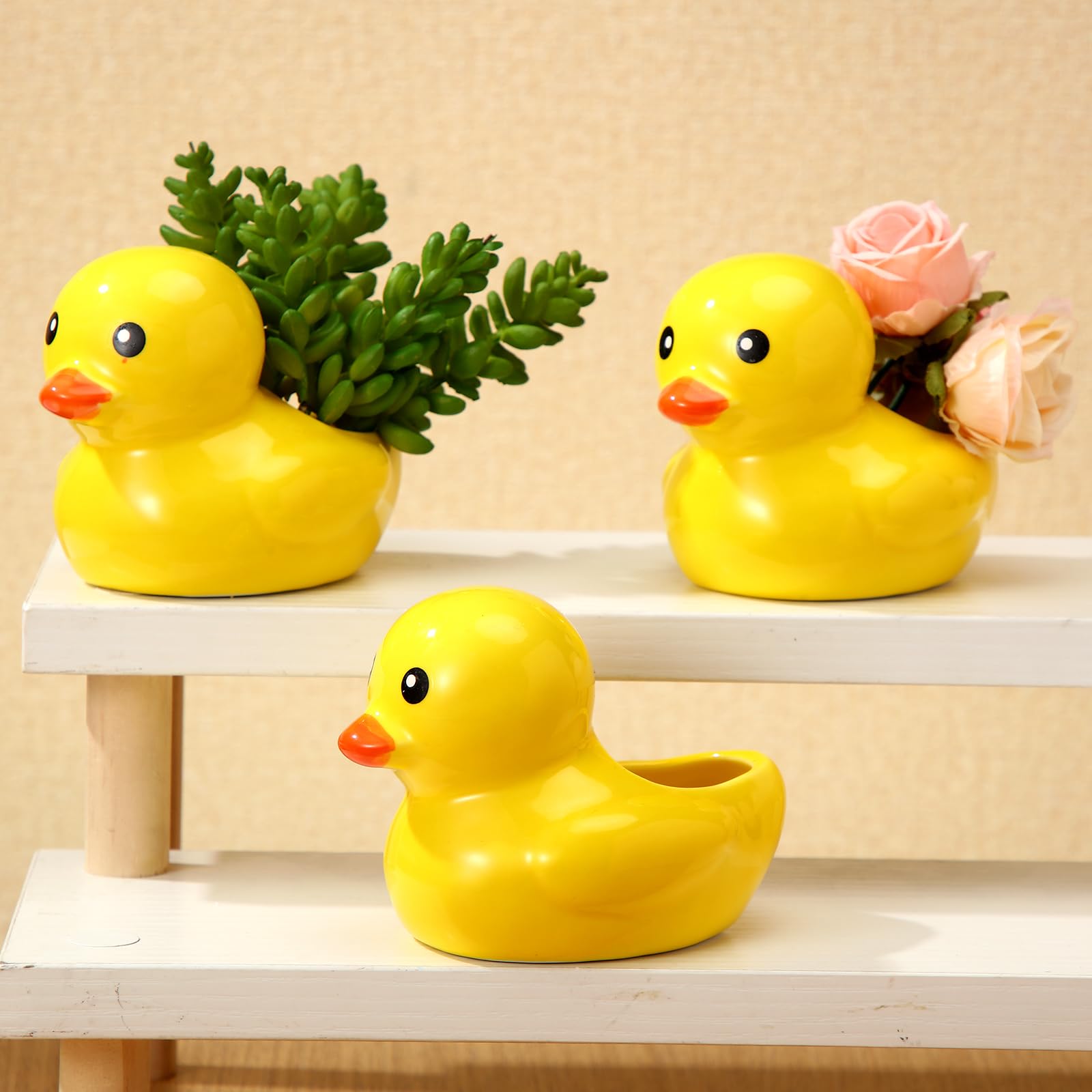 Yellow Ceramic Duck Planter Kikkerland 3.93 In. H X 5.7 In. W X 5.9