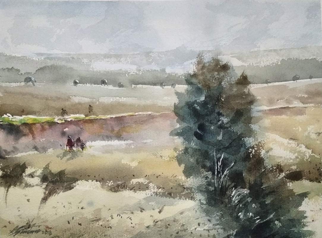 Watercolour Painting (A Wheat Farm View After harvesting from Yamuna ...