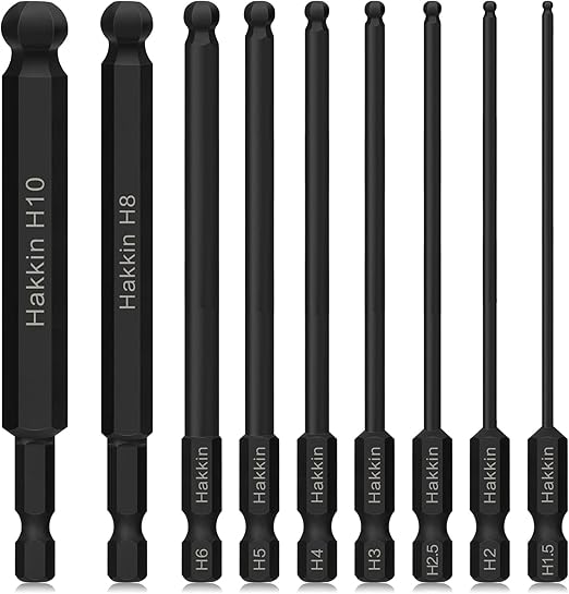 Hakkin Ball End Hex Bits 9Pcs Allen Key Bits 1/4” Hex Shank S2 Steel ...