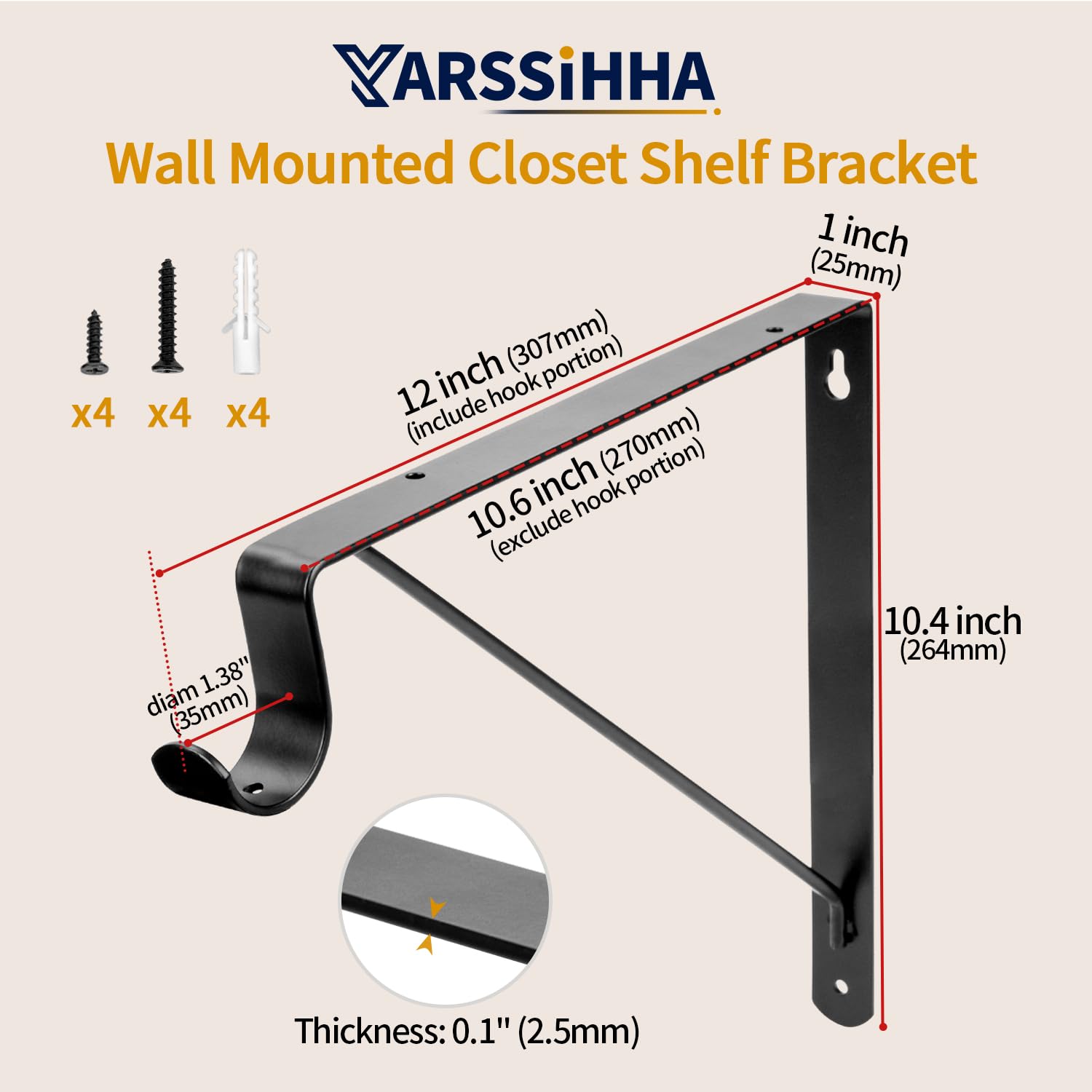 Snapklik.com : Yarssihha 2 Pack Closet Rod Bracket, 12 X 10.4 Inch Wall ...