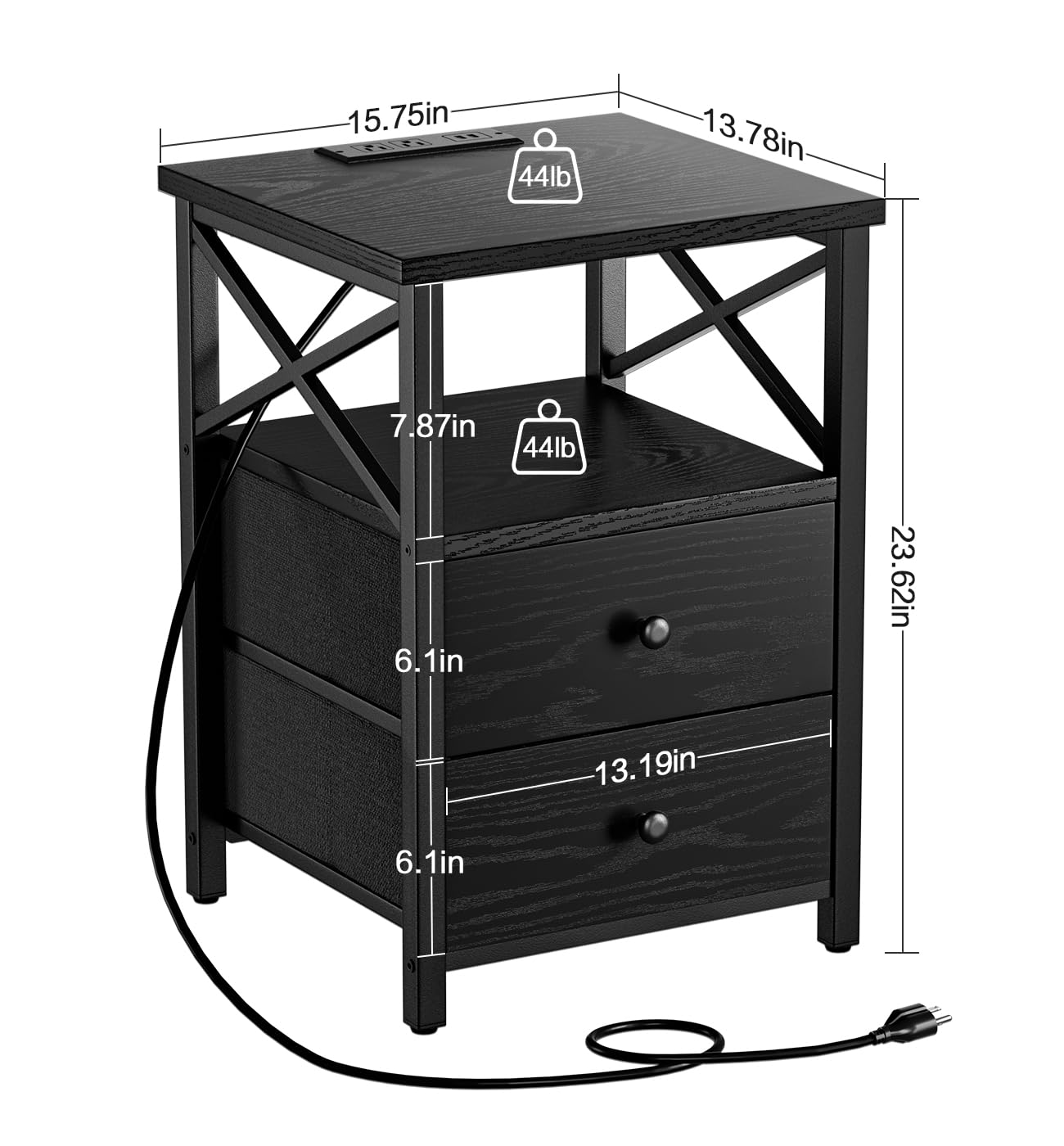 VETIN LED Nightstand Set of 2, Night Stand with Charging Station, Bedside Tables with 2 Fabric ...