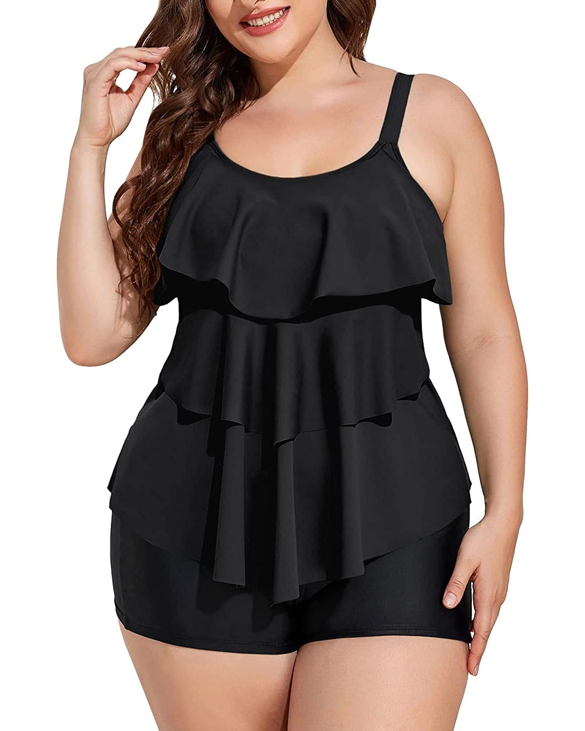 Yonique Womens Plus Size Tankini Swimsuits with Shorts Black Flounce ...