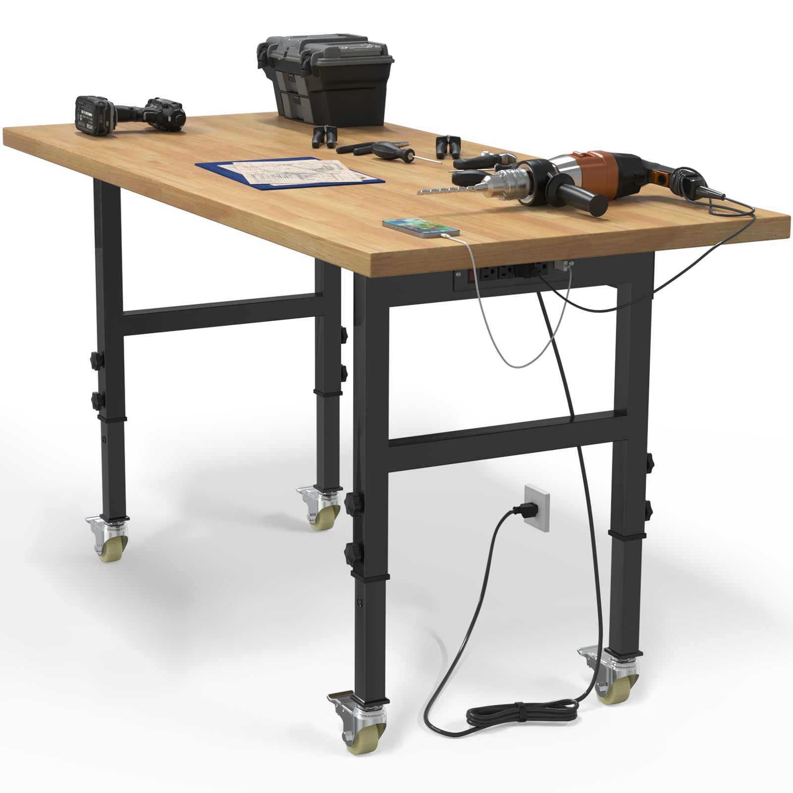 Go Beyond 60" Adjustable Workbench, Rubber Wood Work Bench Table ...