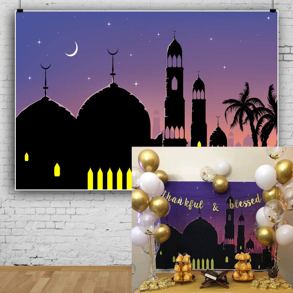 Buy AOFOTO 7x5ft Mosque Silhouette in Night Backdrop Islamic Moon Star ...