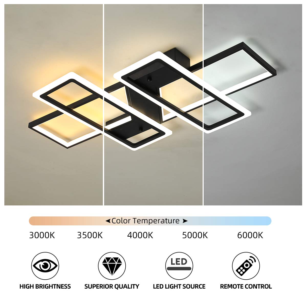 Jaycomey Modern LED Ceiling Light, 4 Black Squares Flush Mount Ceiling ...