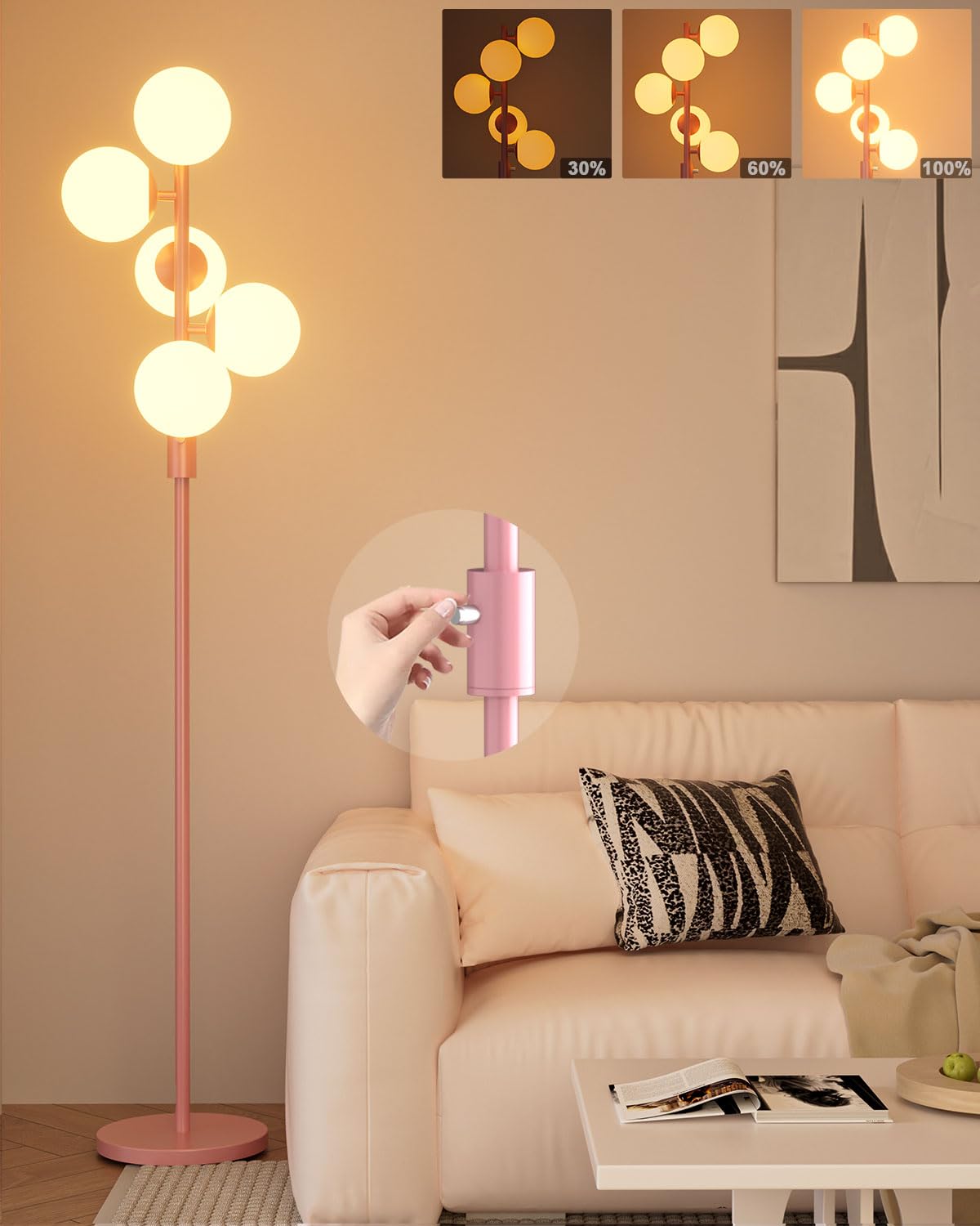 Lightdot Dimmable (Brightness Adjustable) Globe Floor Lamp, Pink Pole ...