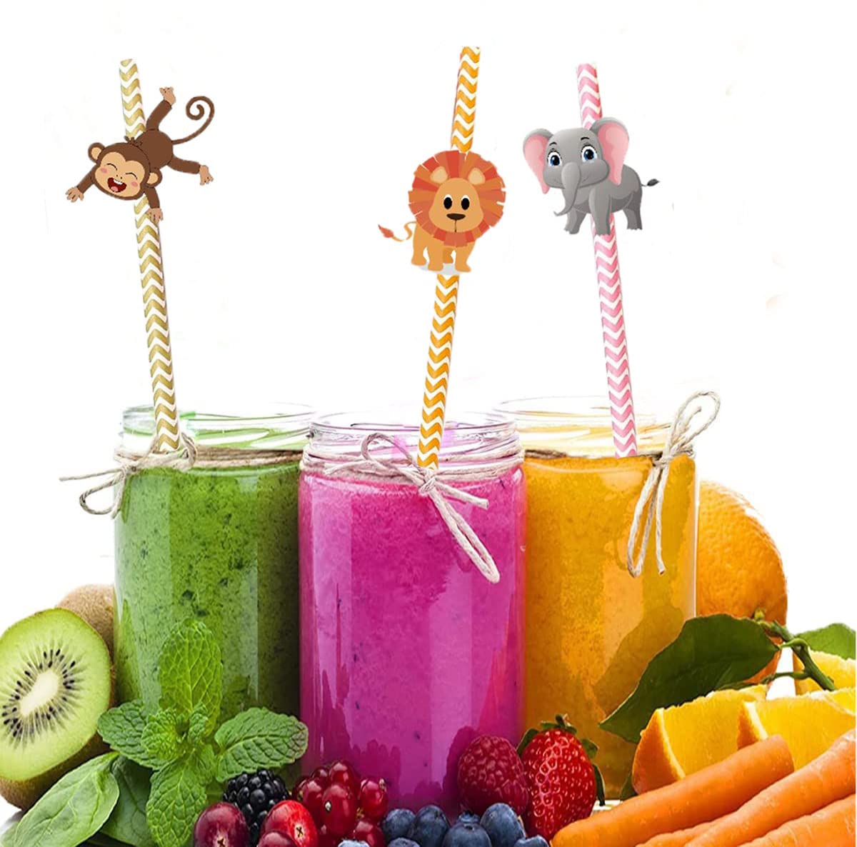 Striped Paper Drinking Straws, Jungle Animal Paper Party Straws For ...