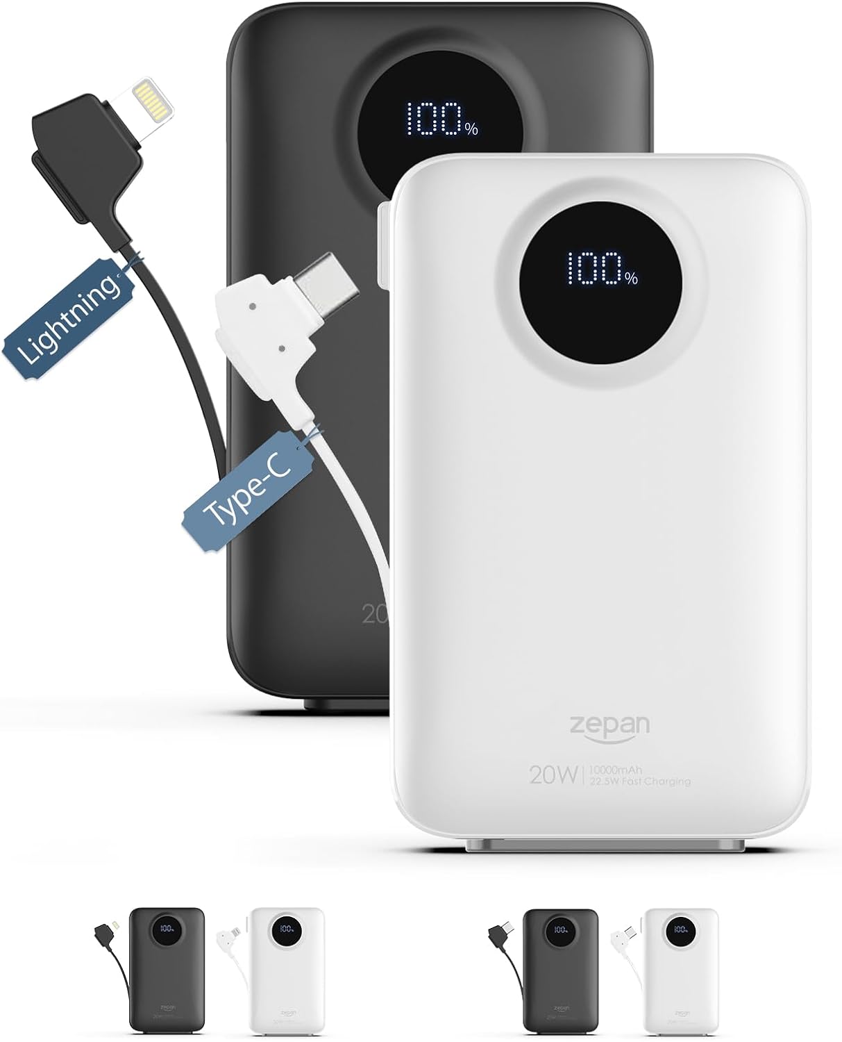 Amazon | zepan モバイルバッテリー 10,000mAh 大容量 軽量 小型 PD20W 3台同時充電 ライトニングケーブル内蔵 ...